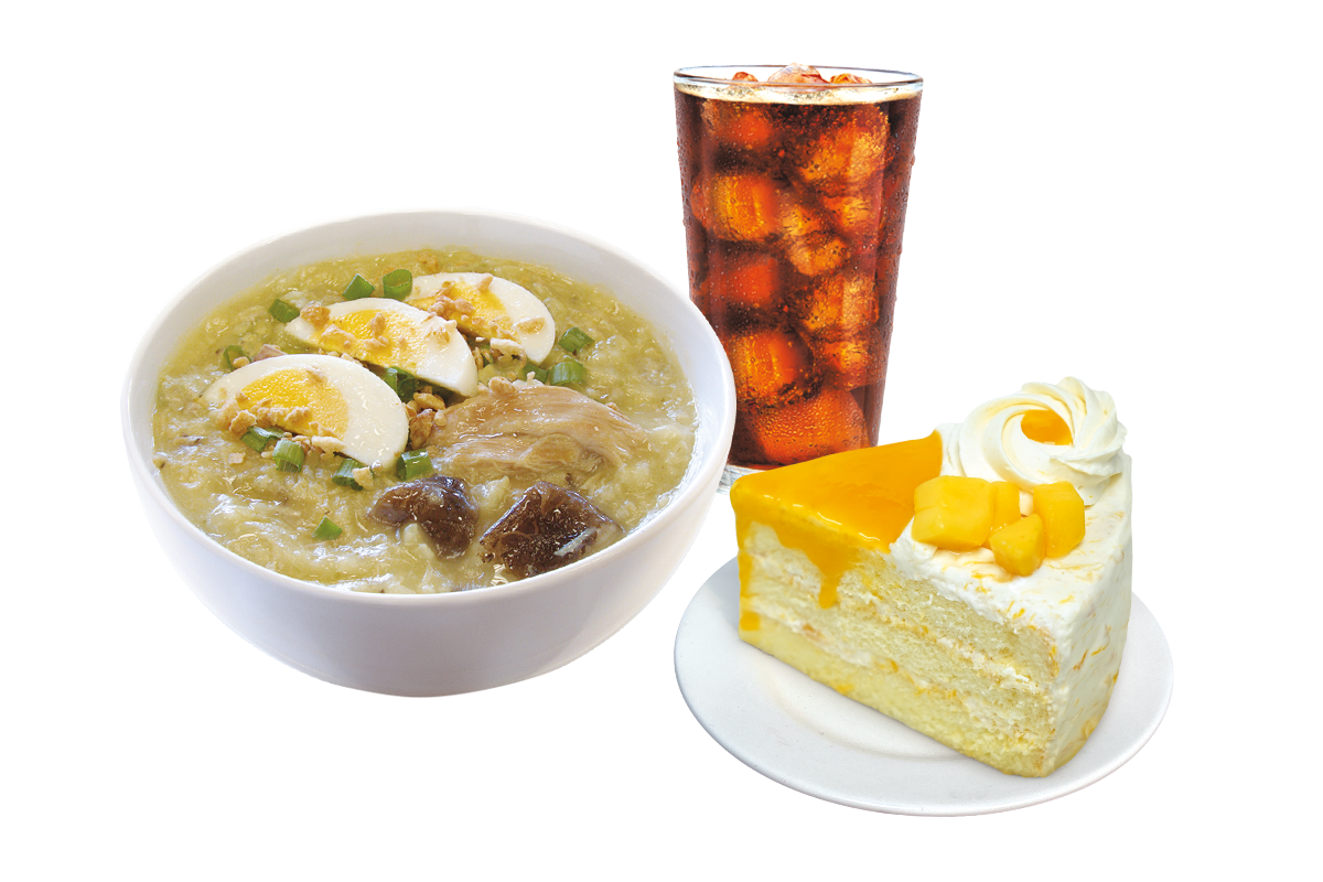 Value Meal C: Arroz Caldo, Mango Supreme Cake Slice, and a Soda | Red ...